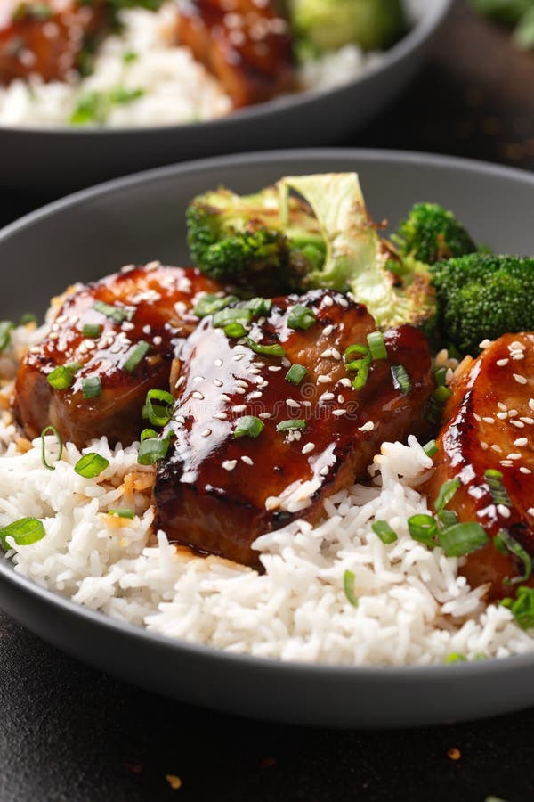 Teriyaki Pork Belly with Broccoli, Spring Onion and Rice Stock Image ...