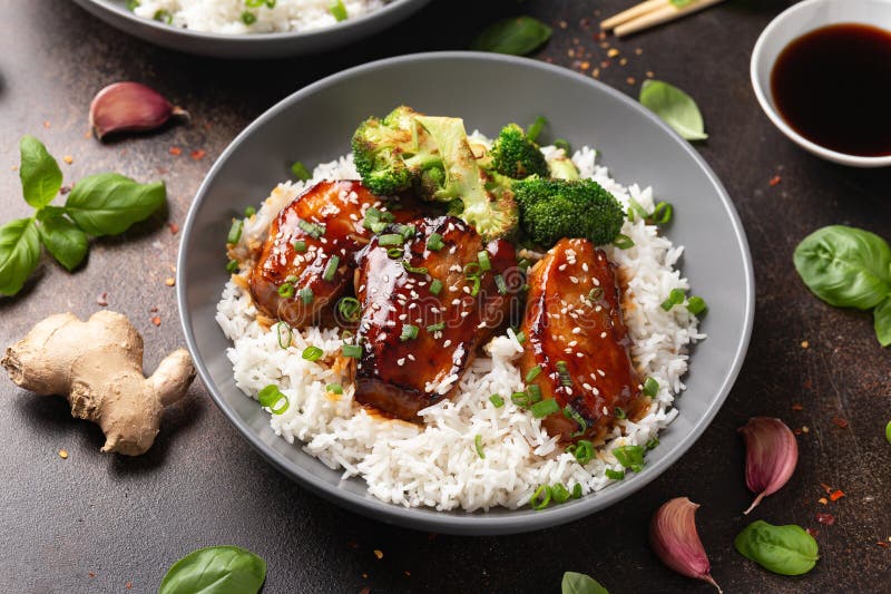 Teriyaki Pork Belly with Broccoli, Spring Onion and Rice Stock Photo ...