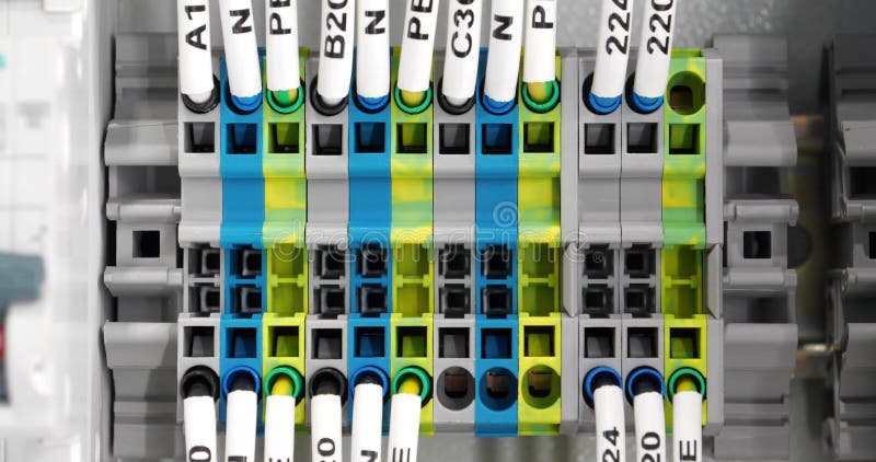 Terminal Blocks in Electrical Cabinet. Cable Connector. Industrial ...
