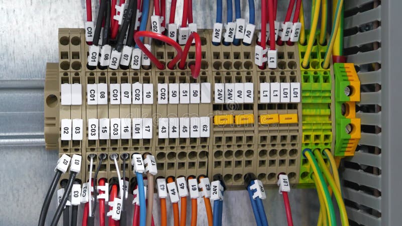 Terminal Blocks in Electrical Cabinet. Cable Connector. Industrial ...