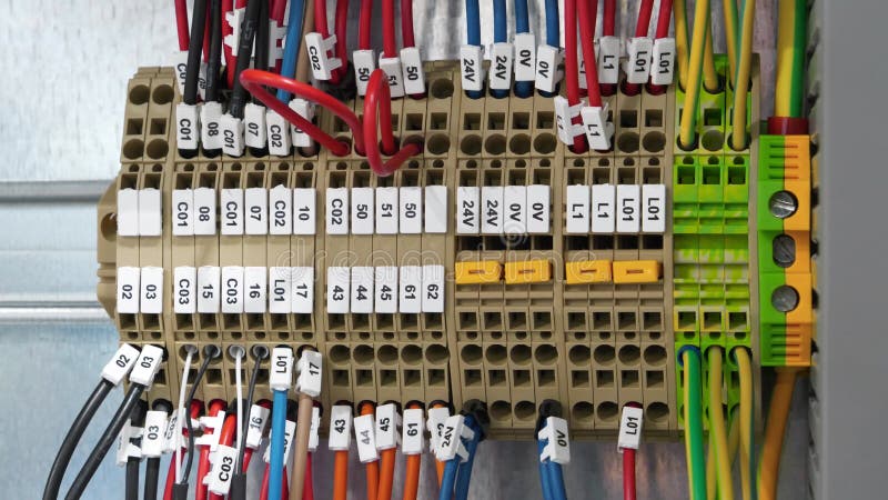 Terminal Blocks in Electrical Cabinet. Cable Connector. Industrial ...