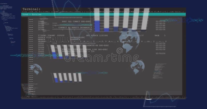 Terminal Interface Displaying Data Processing with World Map and Graphs ... Terminal Interface Displaying Data Processing with World Map and Graphs ...