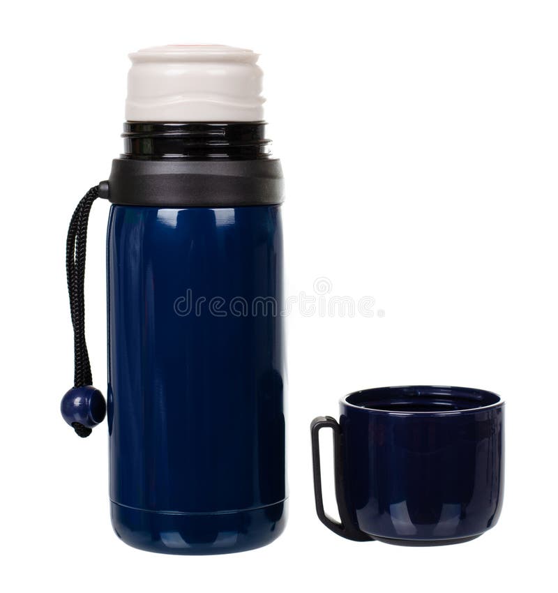 Termo Azul Oscuro Con Jarra Aislado En Blanco Imagen de archivo ...
