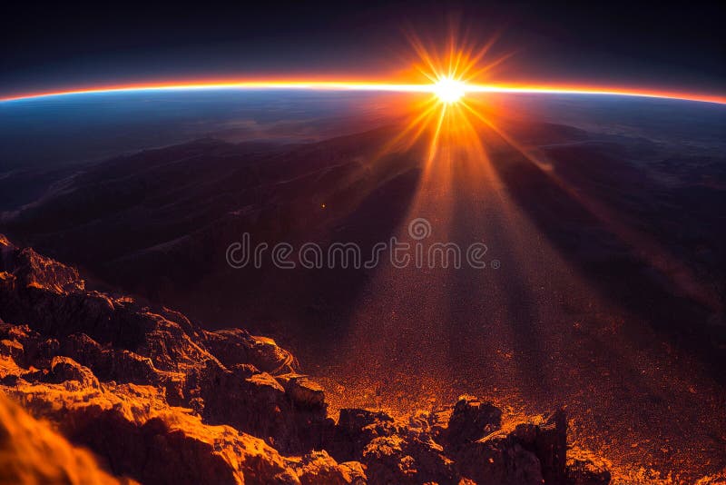 Terra Dal Satellite Nello Spazio All'alba. Sole Sorgere Con Raggi E ... Terra Dal Satellite Nello Spazio All'alba. Sole Sorgere Con Raggi E ...