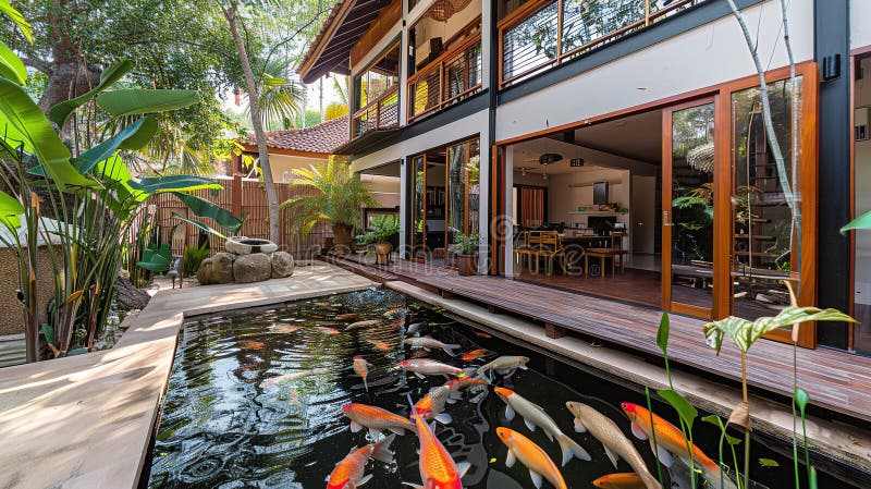 Terrace of House with Fish Pond Stock Illustration - Illustration of ...