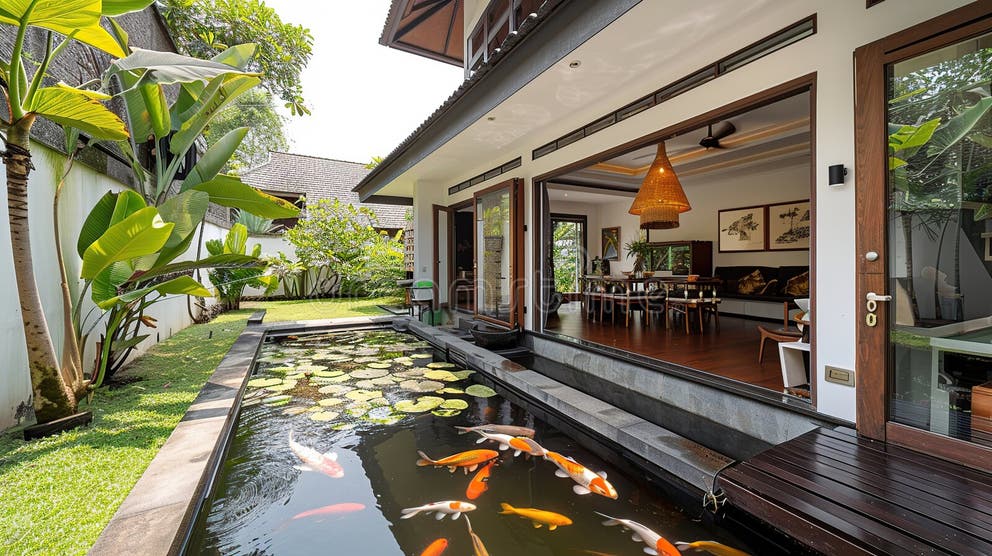 Terrace of House with Fish Pond Stock Illustration - Illustration of ...