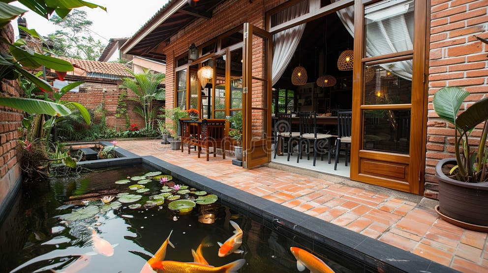 Terrace of House with Fish Pond Stock Illustration - Illustration of ...