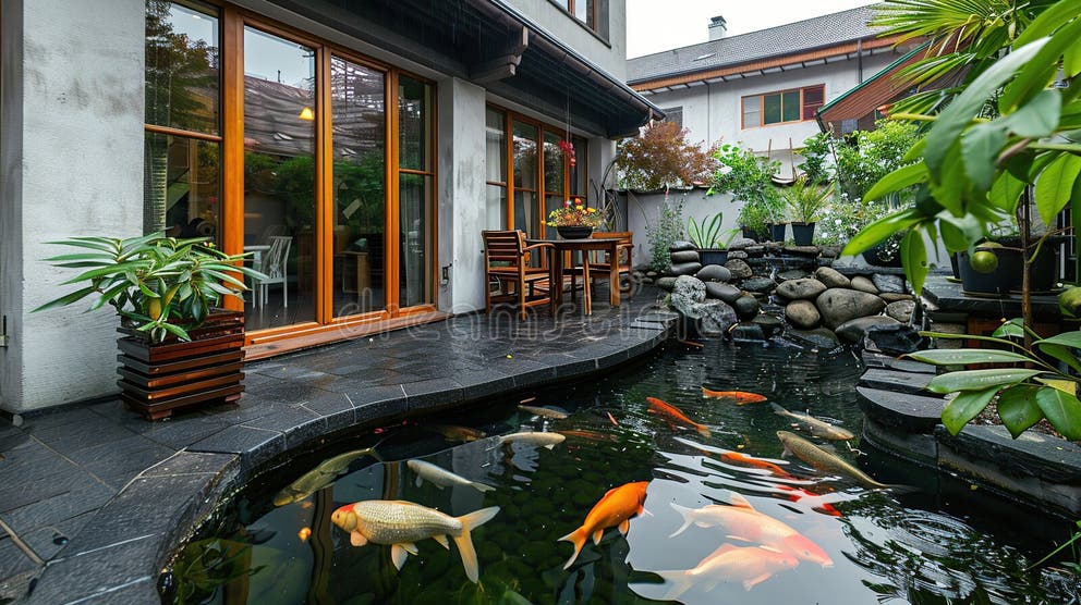 Terrace of House with Fish Pond Stock Illustration - Illustration of ...