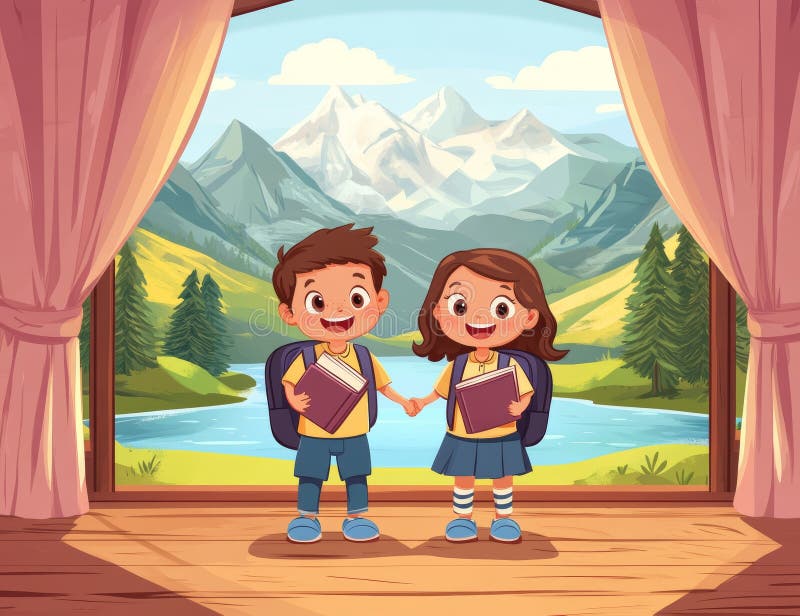 On the Terrace of the House, School Children in Uniform are Having a ...