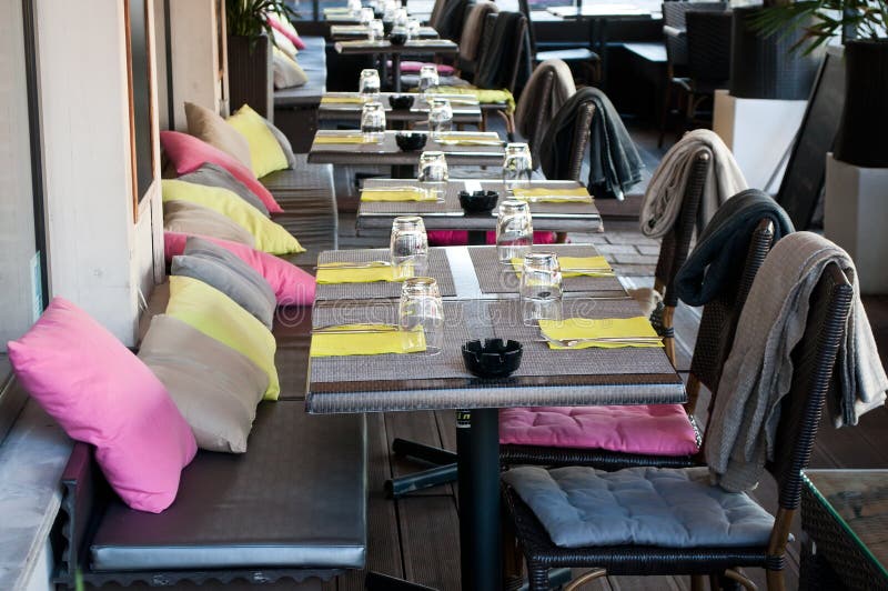 Terrace Restaurant with Blankets Stock Photo - Image of summer, cutlery ...