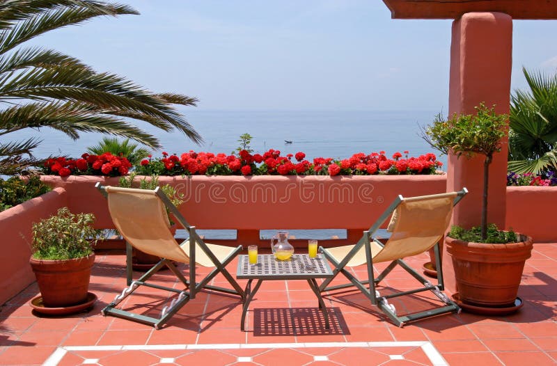 Terrace, Table, Chairs and Sea Views Stock Image - Image of ...