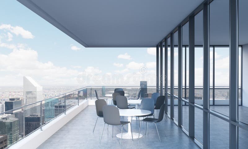 A Terrace with Tables and Chairs in a Modern Panoramic Building. 3D ...