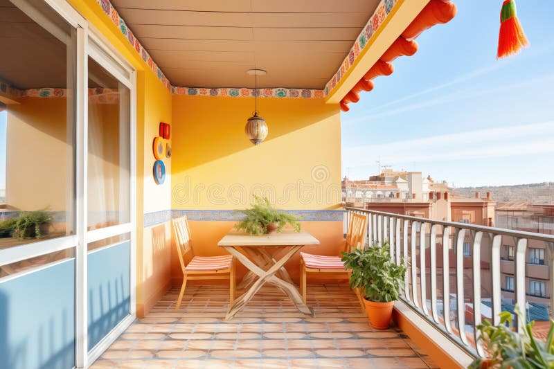 Terrace with Terracotta Tiles and Spanish Railing Design Stock Image ...