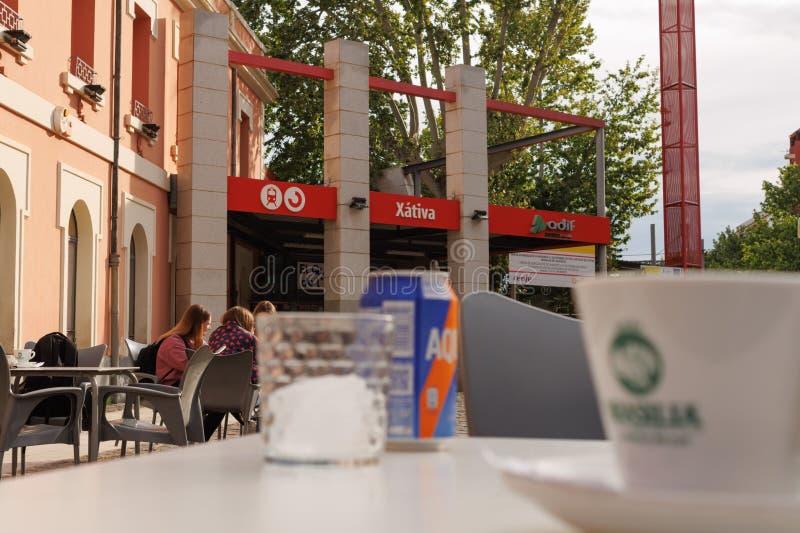 Terrace of the Train Station Cafeteria in Xativa with Blurred ...