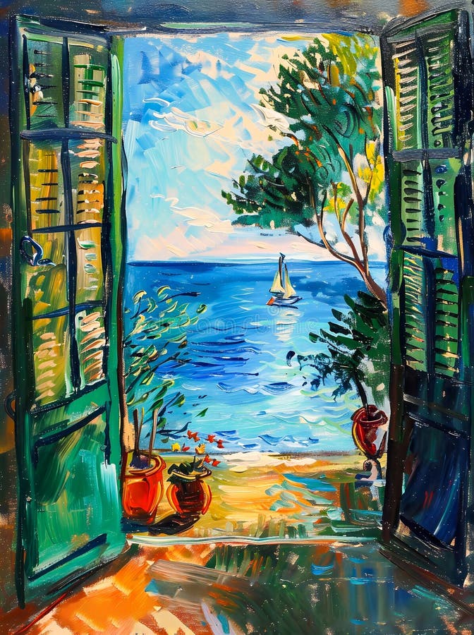 Terrace View of Mediterranean Sea Stock Illustration - Illustration of ...