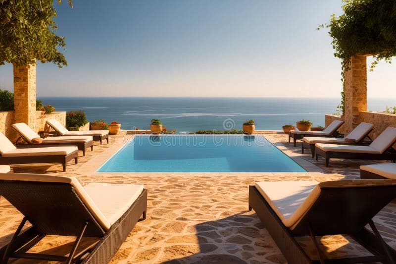 Terrace in Villa with Sunbeds and Swimming Pool . AI Generated Stock ...