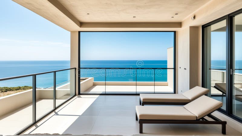 Terrace and Windows with Sea and Beach View for Product Presentation ...
