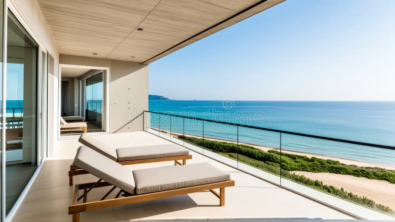 Terrace and Windows with Sea and Beach View for Product Presentation ...