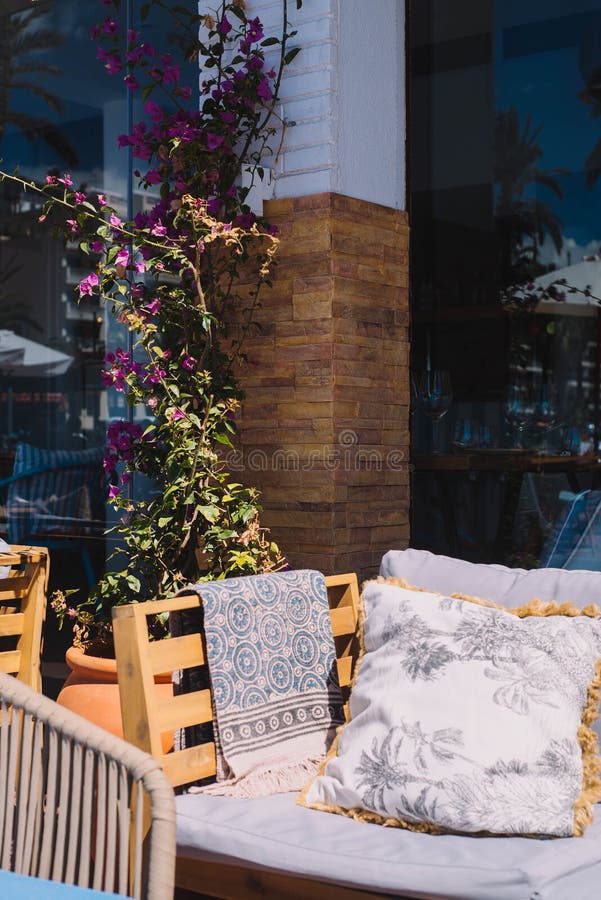 A Terrace with Wooden Tables and Chairs Stock Photo - Image of party ...