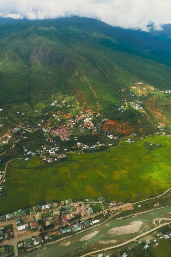 Terraced Fields and Settlement Around High Mountain Range Rural Scenery ...