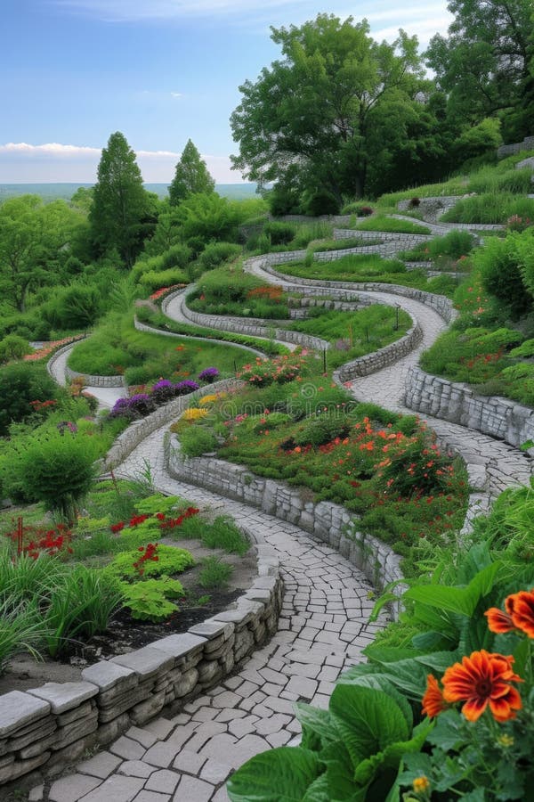 A Terraced Garden on a Hillside, Featuring Winding Paths and Retaining ...