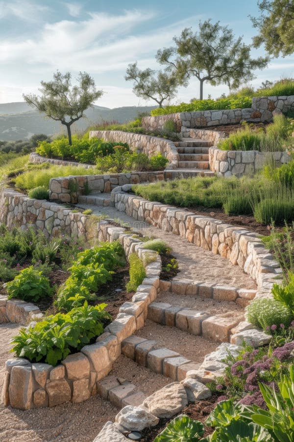 A Terraced Garden on a Hillside, Featuring Winding Paths and Retaining ...