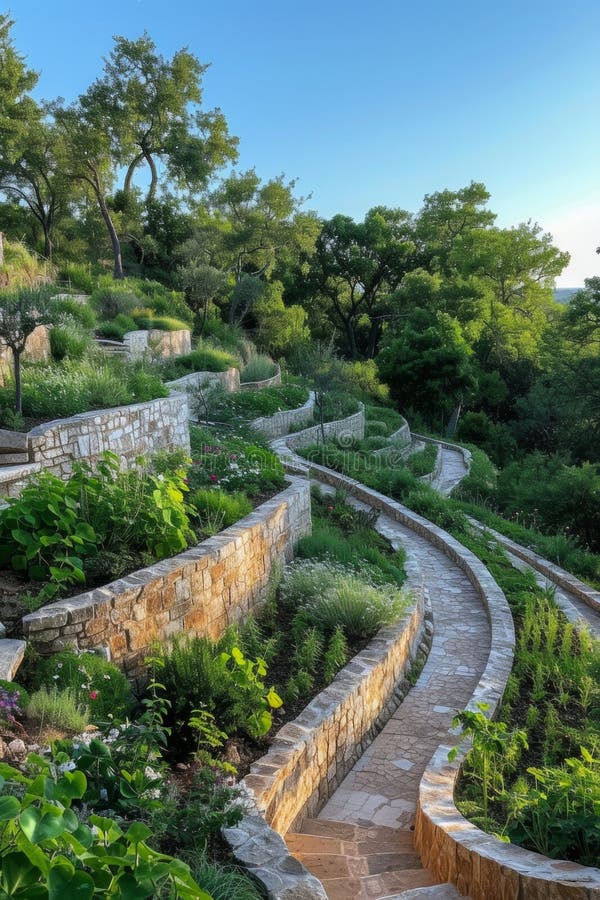A Terraced Garden on a Hillside, Featuring Winding Paths and Retaining ...