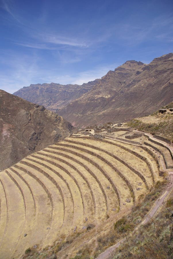 Terraced Inca Fields and Ruins of Village Stock Image - Image of town ...