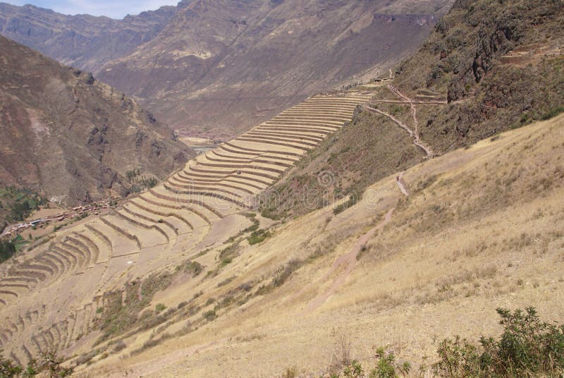 Terraced Inca Fields and Ruins of Village Stock Image - Image of town ...