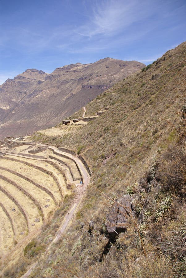 Terraced Inca Fields and Ruins of Village Stock Photo - Image of grain ...