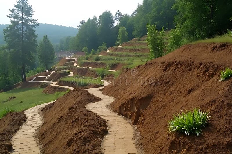 A Terraced Landscape Features Winding Pathways Amidst Green Vegetation ...