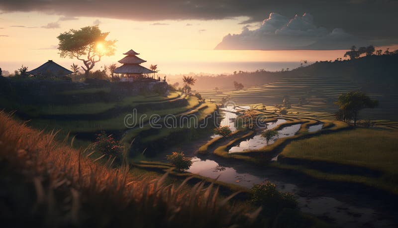 Terraced Rice Field in Bali at Sunset, Indonesia. Stock Illustration ...