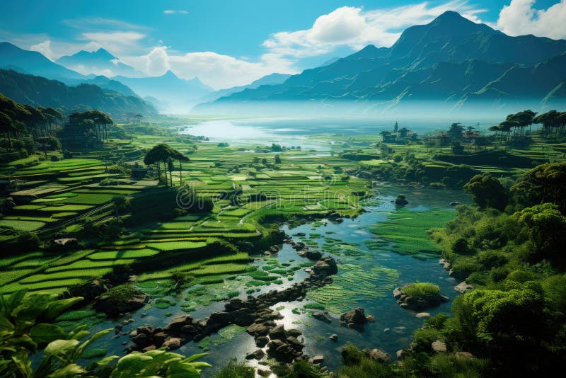 Terraced Rice Field in Summer Stock Illustration - Illustration of rice ...