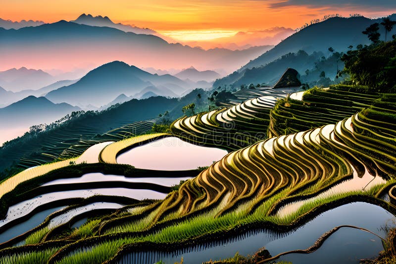 The Terraced Rice Field at Sunset in Thailand Stock Illustration ...