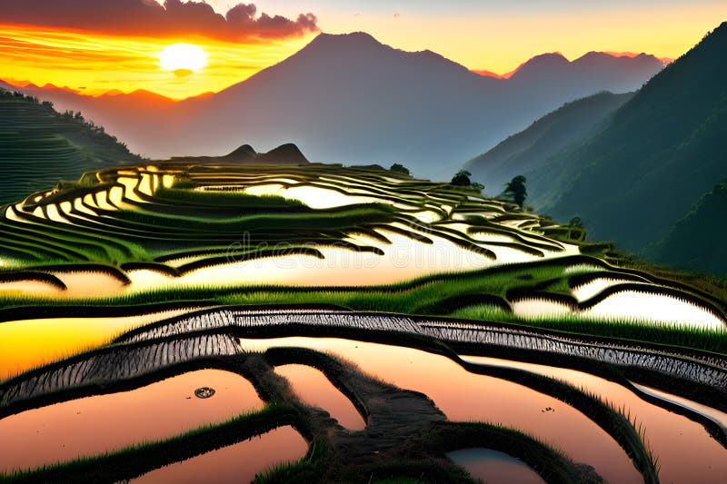 The Terraced Rice Field at Sunset in Thailand Stock Illustration ...
