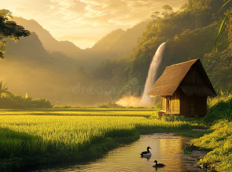 Terraced Rice Field with Waterfalls in Bali, Stock Illustration ...