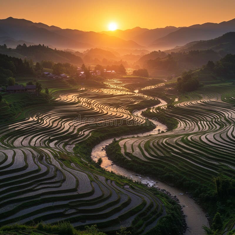 Terraced Rice Fields are Bathed in the Warm Glow of a Setting Sun ...