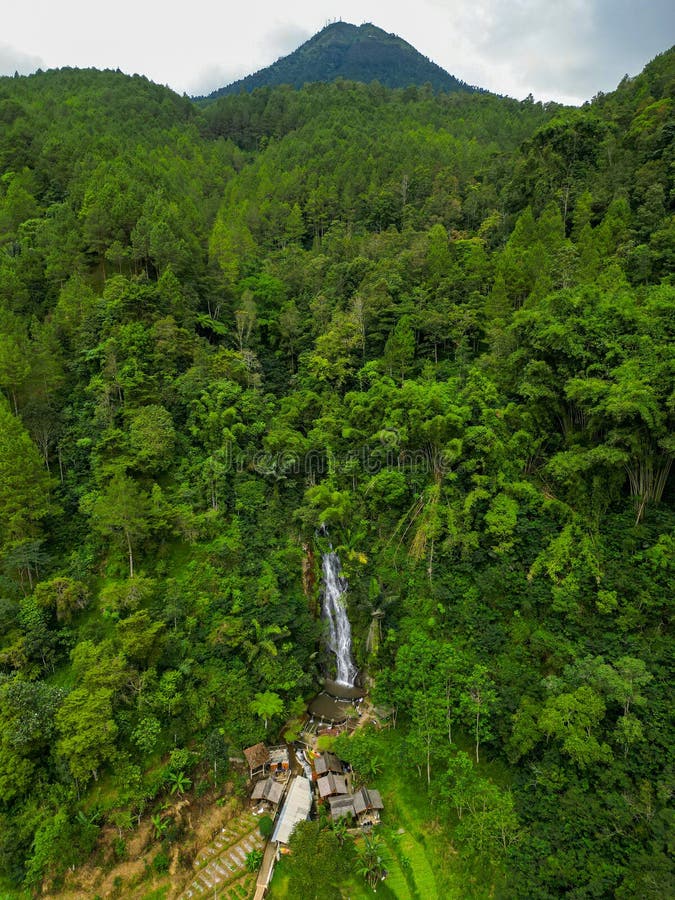 Terraced Rice Fields and a Beautiful Waterfall with a Majestic Mountain ...