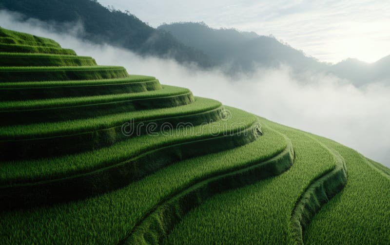 Terraced Rice Fields Cascade Down a Hillside, Showcasing Vibrant Green ...