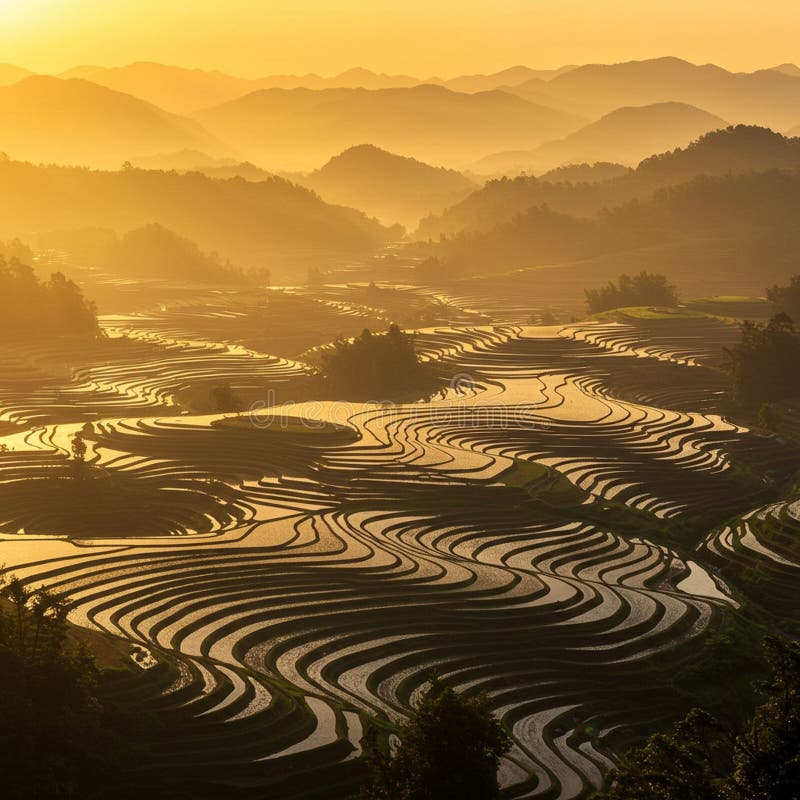 Terraced Rice Fields Create Intricate Patterns Under a Golden Sunset ...
