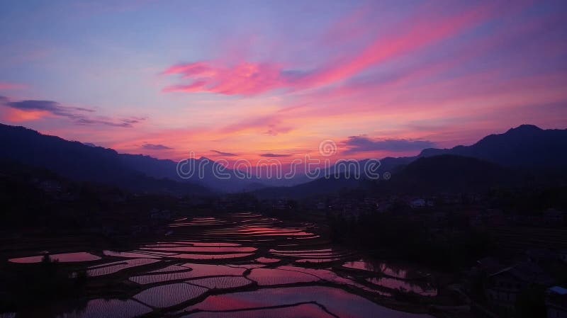 The Terraced Rice Fields and Misty Mountains are Bathed in a Vibrant ...