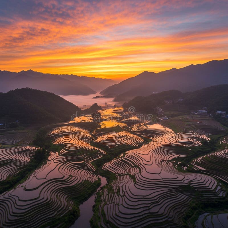 Terraced Rice Fields Reflect the Vibrant Hues of a Sunset, Creating a ...