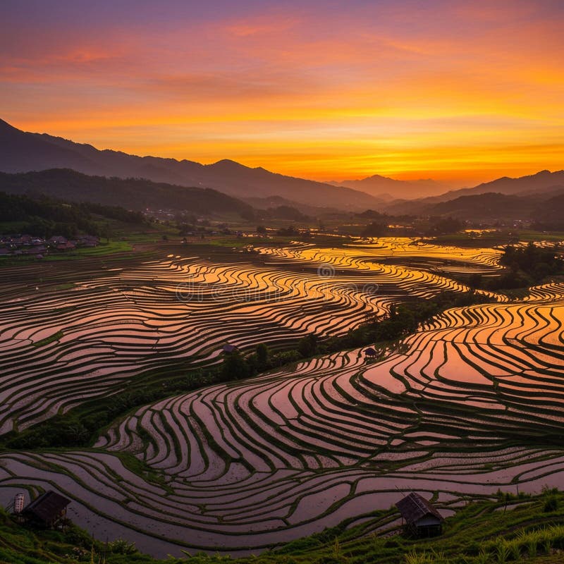 Terraced Rice Fields at Sunset Create a Stunning Landscape. the Fields ...