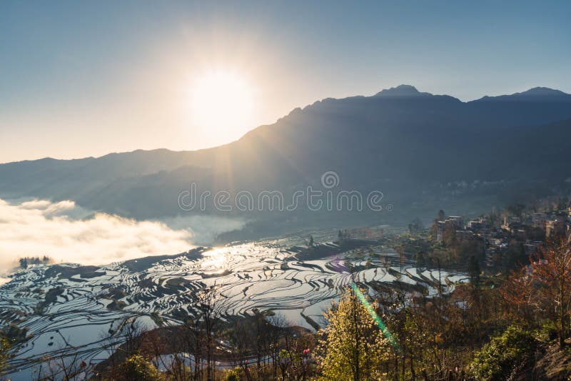 Terraced Rice Fields of YuanYang , China with Beautiful Sun Rise Stock ...