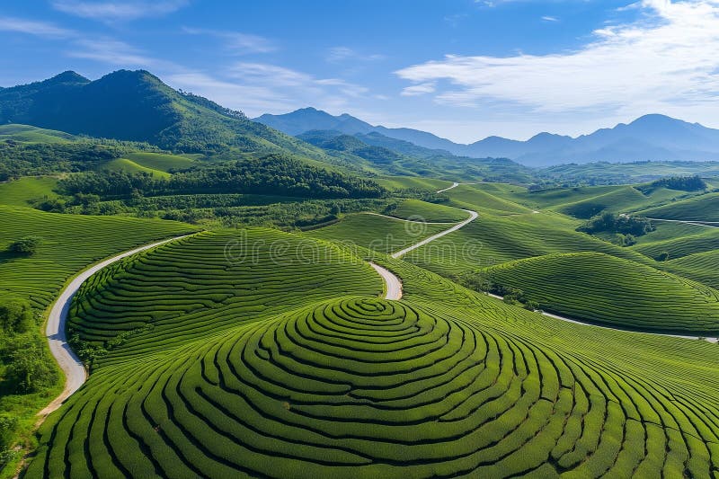 Terraced Tea Fields Stretch Across Rolling Hills. Bright Green Patterns ...