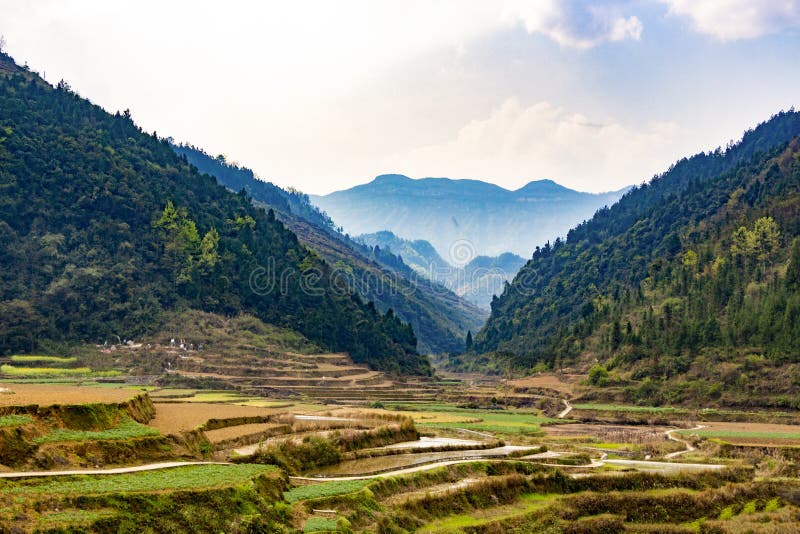 Terraces in Mountains with Clouds and Valley Stock Image - Image of ...
