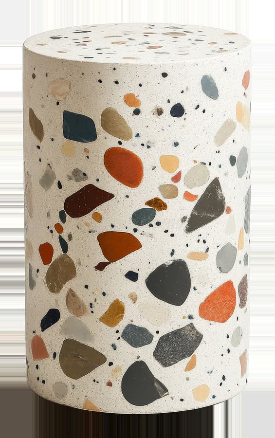 Terrazzo Cylindrical Stool with Multicolored Stone Design, Modern ...