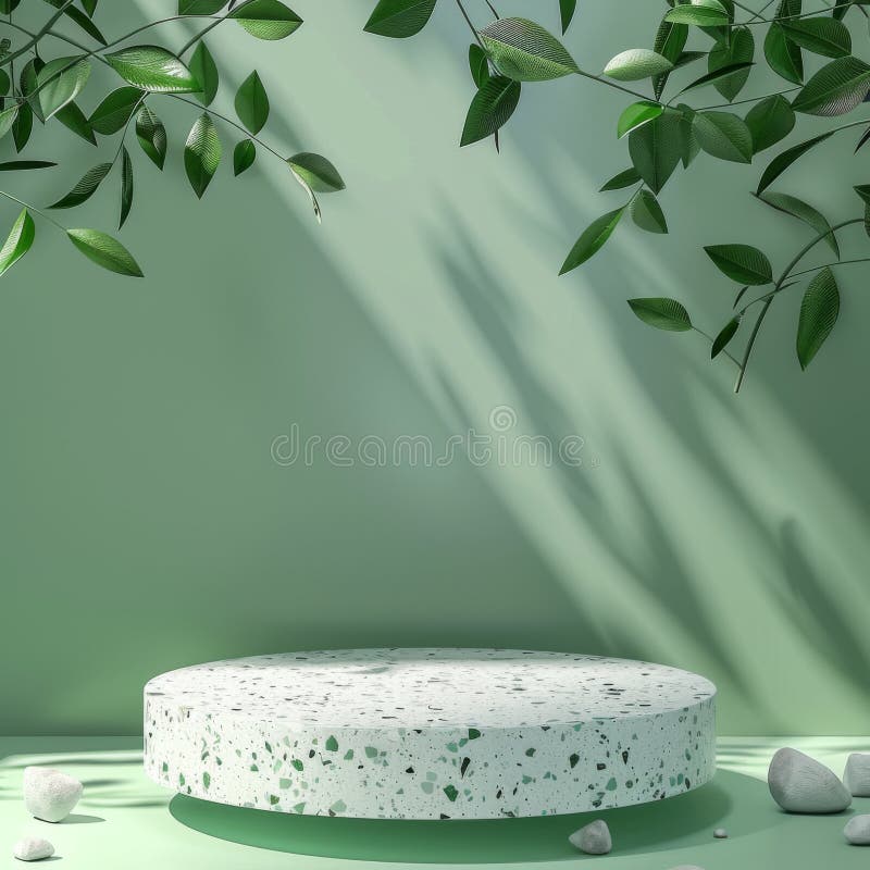 Terrazzo Platform with Green Leaves and Sunlight on Green Background ...