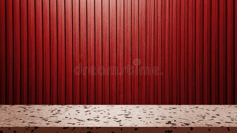 Terrazzo Stone Table in Front of Abstract Red Vertical Walnut Wooden ...
