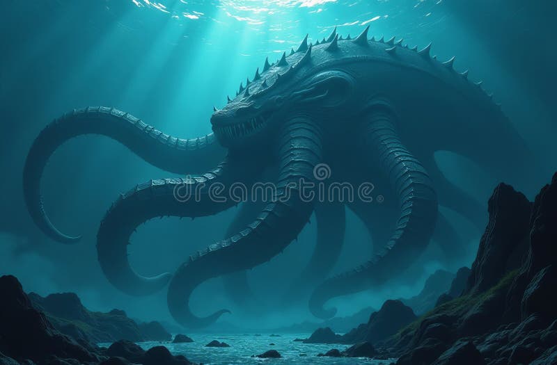 A Terrible Sea Giant Monster Attacks during a Storm Stock Illustration ...
